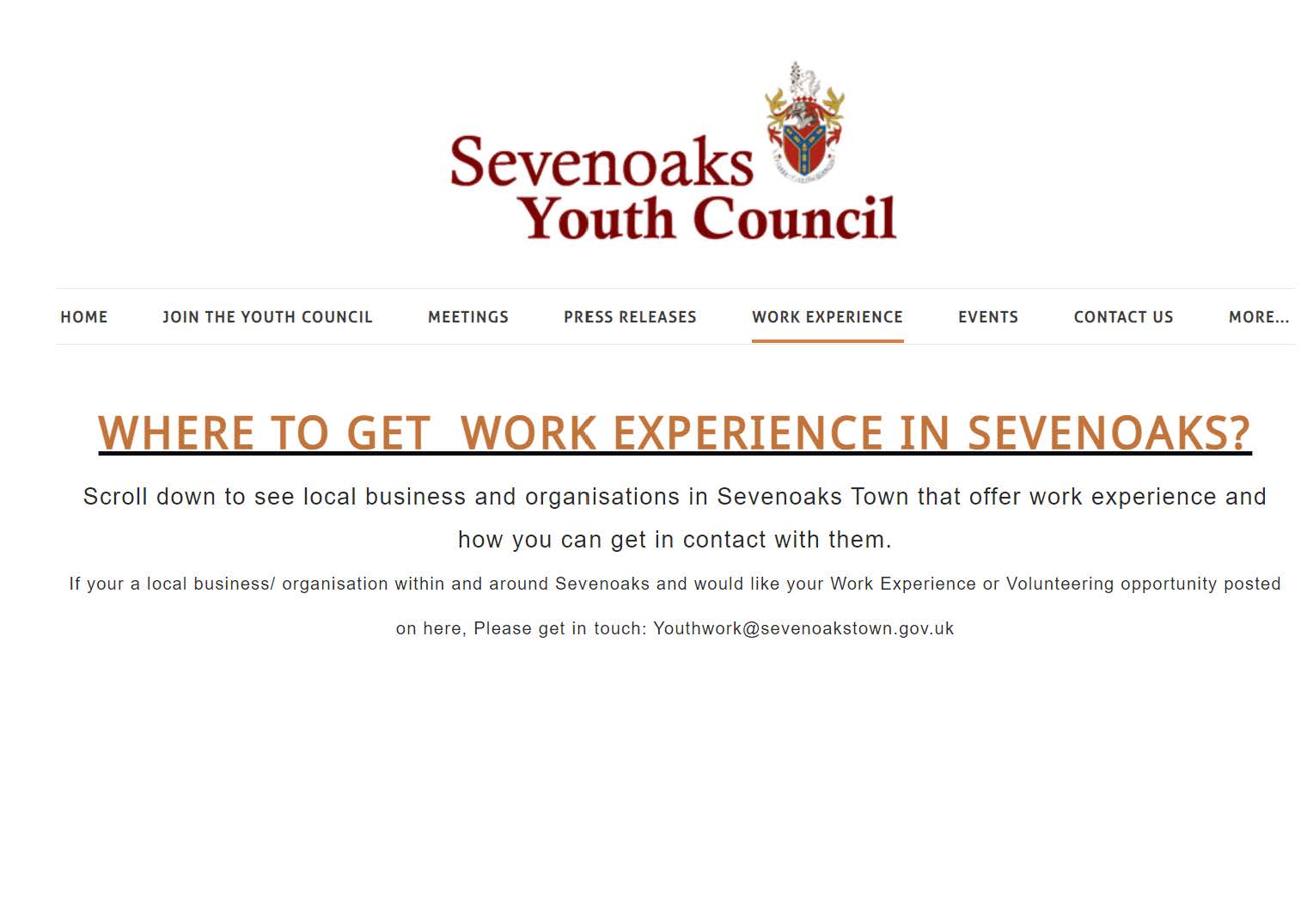 Sevenoaks Youth Council Work Experience Database for Local Young People - Sevenoaks Town Council